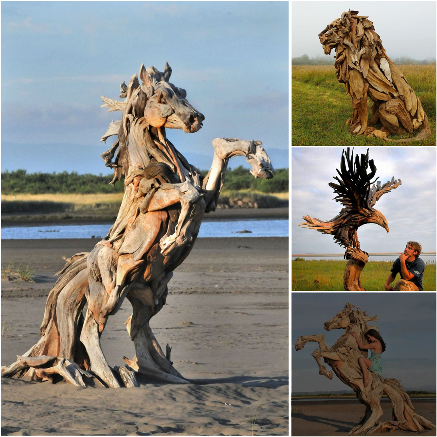 Beautiful wood sculptures crafted from pieces found on the beach ...